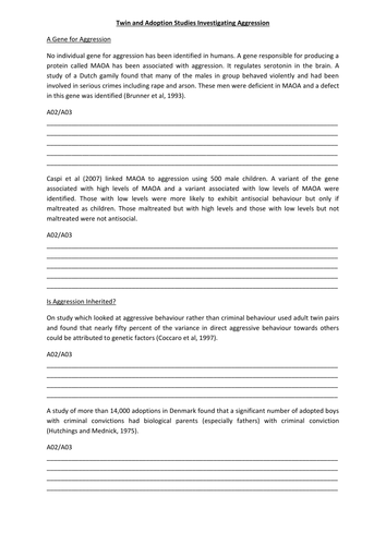 PSYCHOLOGY A2 AGGRESSION | Teaching Resources