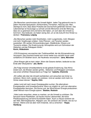 UMWELT Text und Aufgaben | Teaching Resources