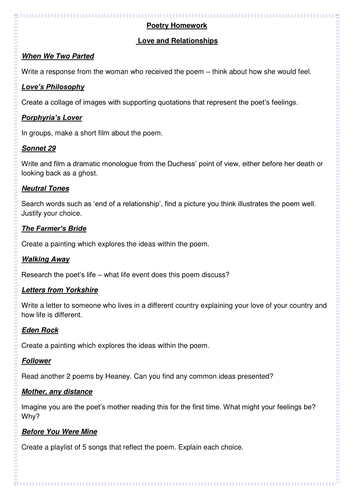 AQA NEW SPEC POETRY LOVE AND RELATIONSHIPS 2015 | Teaching Resources