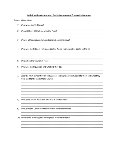The Reformation and Counter Reformation: A quick assessment | Teaching ...