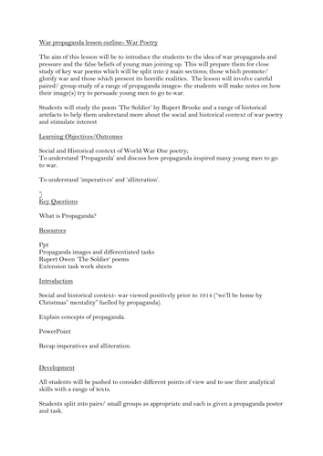 War Propaganda/ Rupert Brooke/ War Poetry: full Ofsted lesson with plan ...