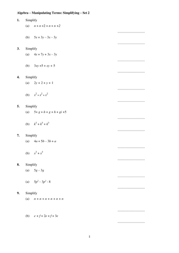 Maths KS3 KS4 Simplifying algebraic expressions; activity, worksheets ...