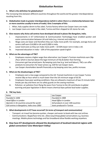 AQA A GCSE Geography - Globalisation Worksheet | Teaching Resources