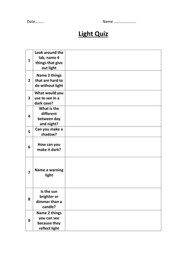 Light quiz | Teaching Resources