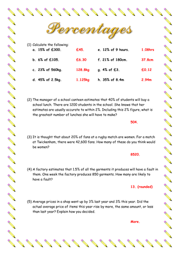 Calculating Percentages of Amounts Homework (Grade E-D). | Teaching ...