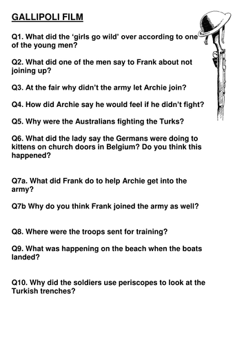 Gallipoli and The Trench Film Video Worksheets | Teaching Resources