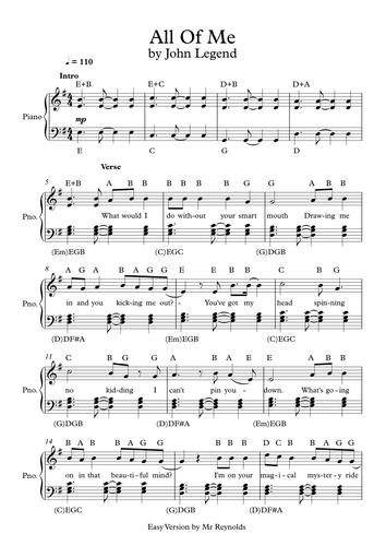'All Of Me' by John Legend Easy Notation Worksheet | Teaching Resources