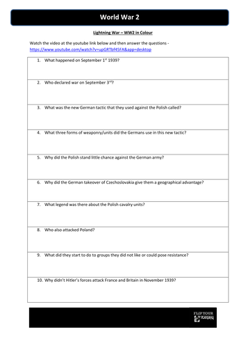 Lightning War - WW2 in Colour Flippedlearning video link and WS ...