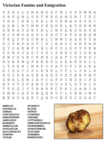 Victorian Famine and Emigration Word Search | Teaching Resources