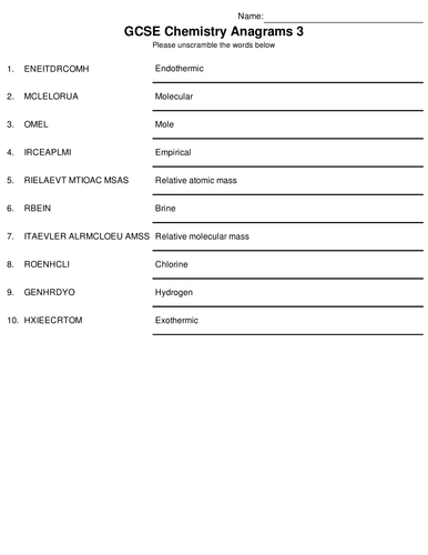 GCSE Chemistry Bumper Anagram Pack. 10 Sets of 10 Anagrams included ...
