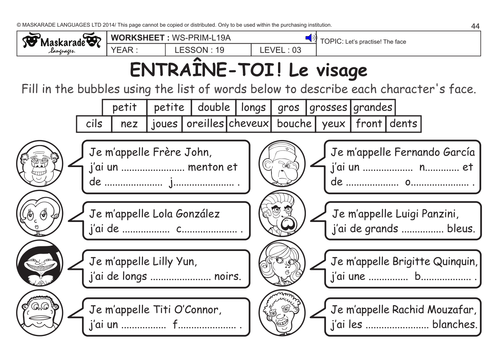 FRENCH KS2 Level 3 - KS3 (Year 7): Describing the face/ Role-play ...