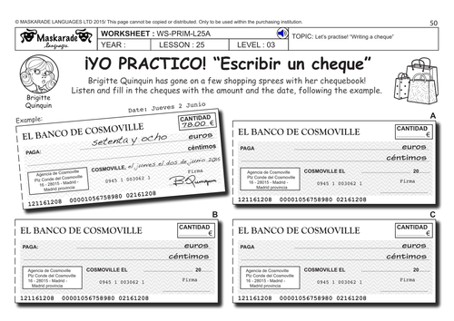 SPANISH KS2 Level 3 - KS3 (Year 7): Writing a cheque/ Practising ...