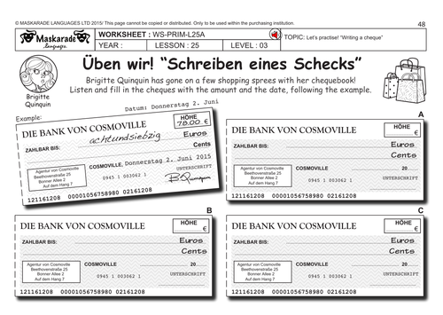 GERMAN KS2 Level 3 - KS3 (Year 7): Shopping/ Writing a cheque ...