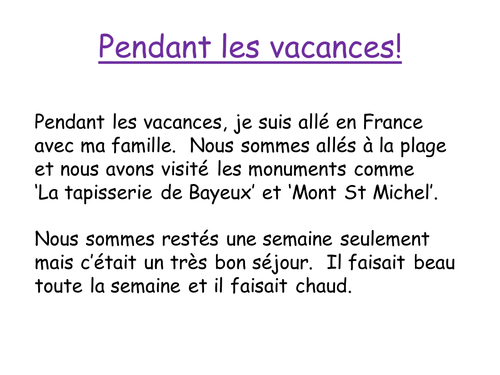 Dictée Mes Vacances / Dictation My Holidays | Teaching Resources