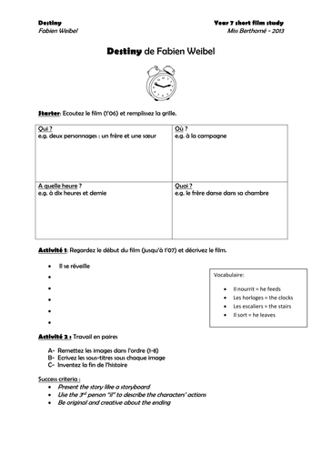 Short film study Year 7 "Destiny" French daily routine | Teaching Resources