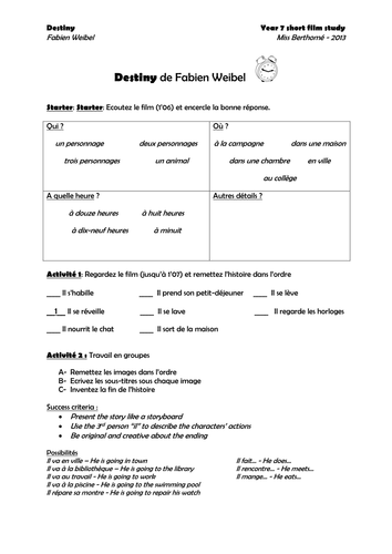 Short film study Year 7 "Destiny" French daily routine | Teaching Resources