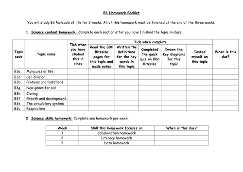B3 OCR Gateway Homework Booklet | Teaching Resources