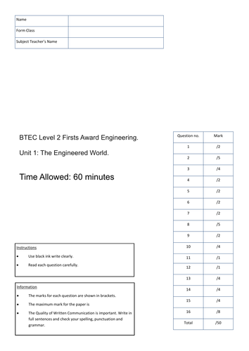 BTEC Engineering Unit 1 - The Engineered World - Exam lessons and ...