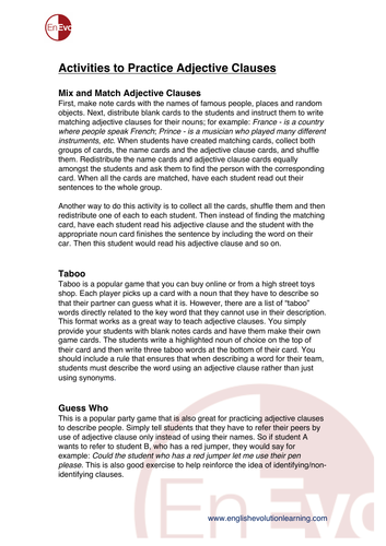 Adjective Clauses & Relative Pronouns | Teaching Resources