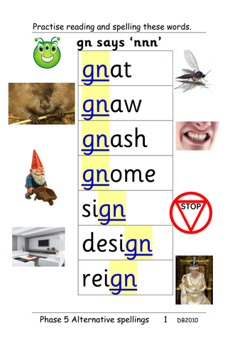 Phase 5: alternative spellings for 'n' [gnat, knitting]. Table cards ...
