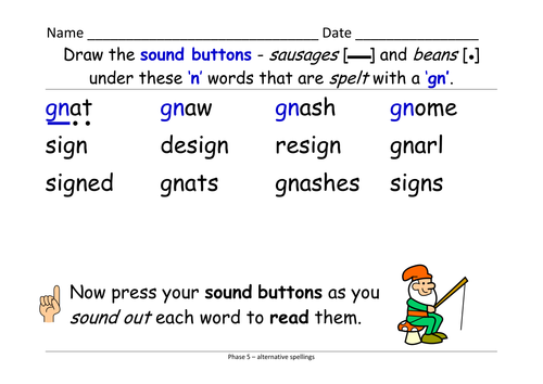 Phase 5: alternative spellings for 'n' [gnat, knitting]. Table cards ...