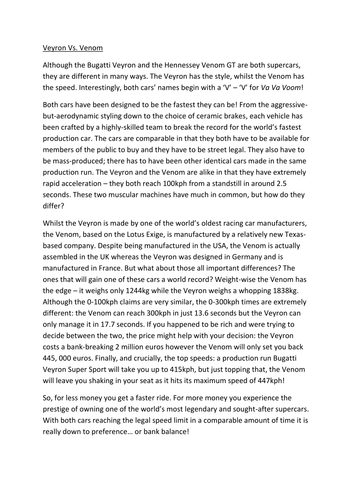 Veyron Vs. Venom - compare and contrast text | Teaching Resources