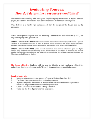 Evaluating Sources for Credibility Lesson Plan + PowerPoint + Student ...