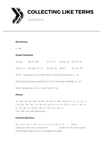 Collecting Like Terms - Complete Lesson | Teaching Resources