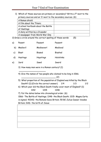 Year 7 End of Year History Exam | Teaching Resources
