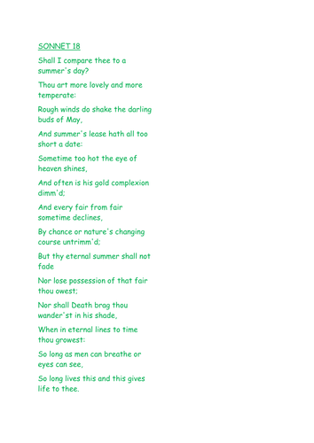 Shakespeare Sonnet 18 Shall I compare | Teaching Resources