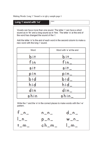 Long ‘i’: i-e, ie, igh, y (21 pages) | Teaching Resources