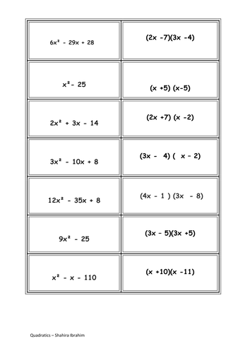 Matching cards for teaching quadratic equations | Teaching Resources