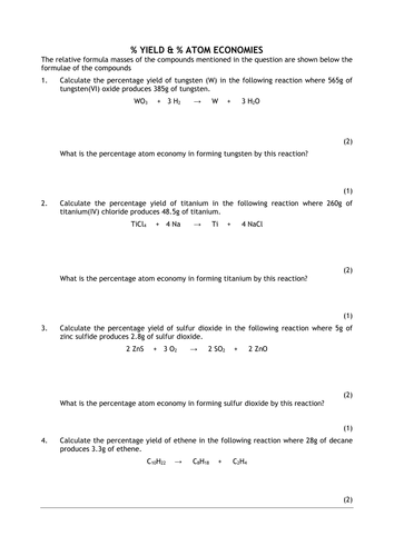 Percentage Yield & Atom Economy Calculations | Teaching Resources
