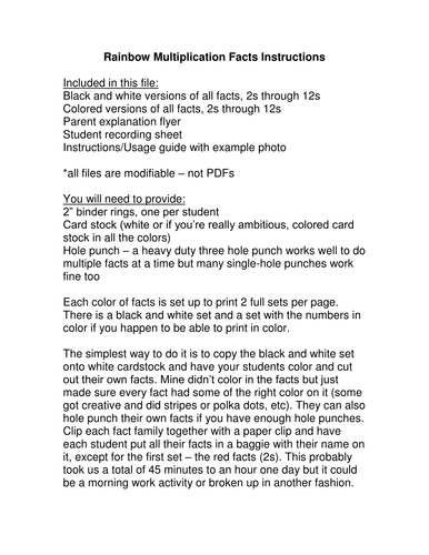 Rainbow Multiplication Facts | Teaching Resources