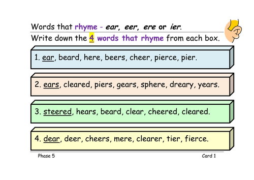 Phase 5 alternative spellings for 'ear' phoneme [here, beer, skier] ppt ...