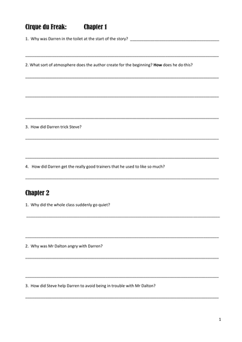 Reading comprehension questions on Cirque Du Freak by Darren Shan ...