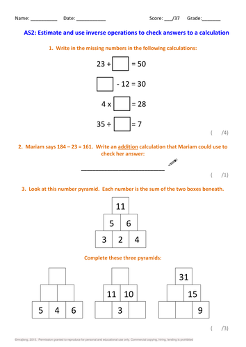 Year 4 Addition and Subtraction Assessments | Teaching Resources