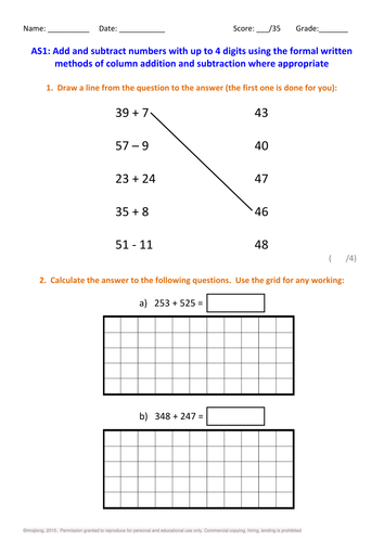 Year 4 Addition and Subtraction Assessments | Teaching Resources