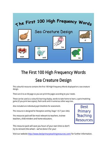 The First 100 High Frequency Words Sea Creatures Design | Teaching ...