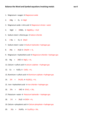 Chemistry: balancing word and symbol equations involving metals ...