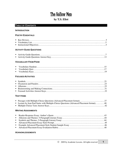 "The Hollow Men" COMPLETE UNIT EDITABLE Activities,Tests,Essays,AP ...