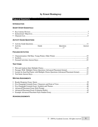 "A Clean,Well-Lighted Place" COMPLETE UNIT EDITABLE Activities,Tests ...