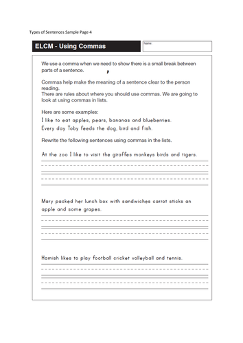 Types of Sentences and Using Commas | Teaching Resources