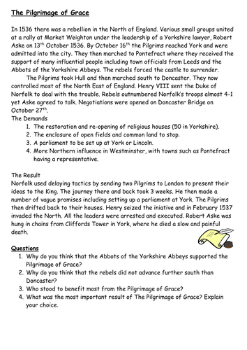 The Pilgrimage of Grace Comprehension and Questions | Teaching Resources