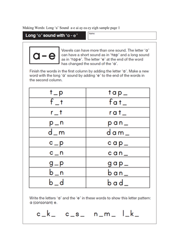 Long ‘a’: a-e, ai, ay, ea, ei, eigh | Teaching Resources