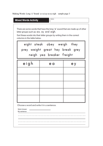 Long ‘a’: a-e, ai, ay, ea, ei, eigh | Teaching Resources