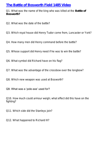 The Battle of Bosworth Field 1485 Video Question Sheet | Teaching Resources