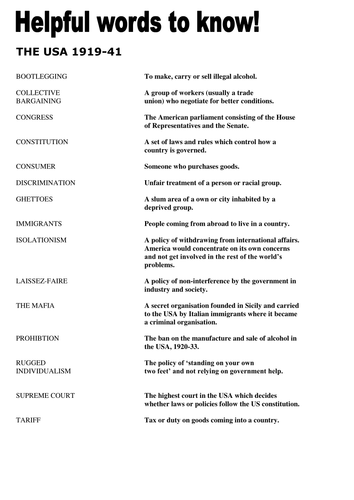 USA 1919-1941 Key Words | Teaching Resources