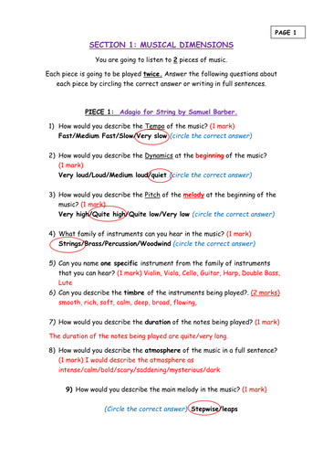 Music Elements Unit test and answers & Samba music test. Hand crafted ...