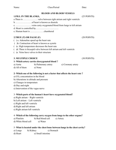 Blood and Blood Vessels: Interactive Worksheet for Biology Class (pdf ...